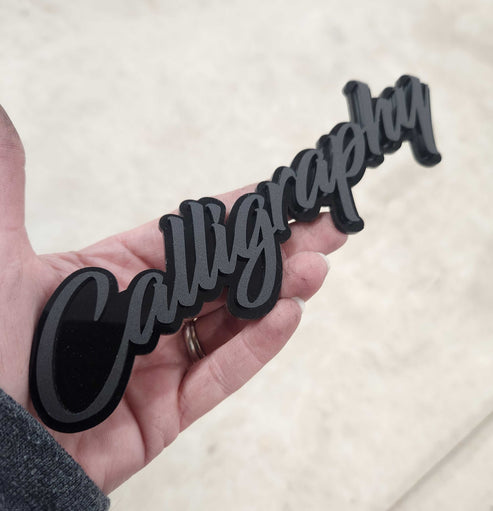 Calligraphy Car Badge - Matte Black On Gloss Black - Script Font ...