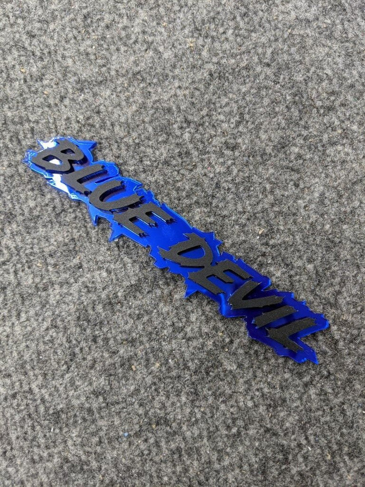 Blue Devil Car Badge - Matte Black On Blue - Lightning Font – Atomic ...