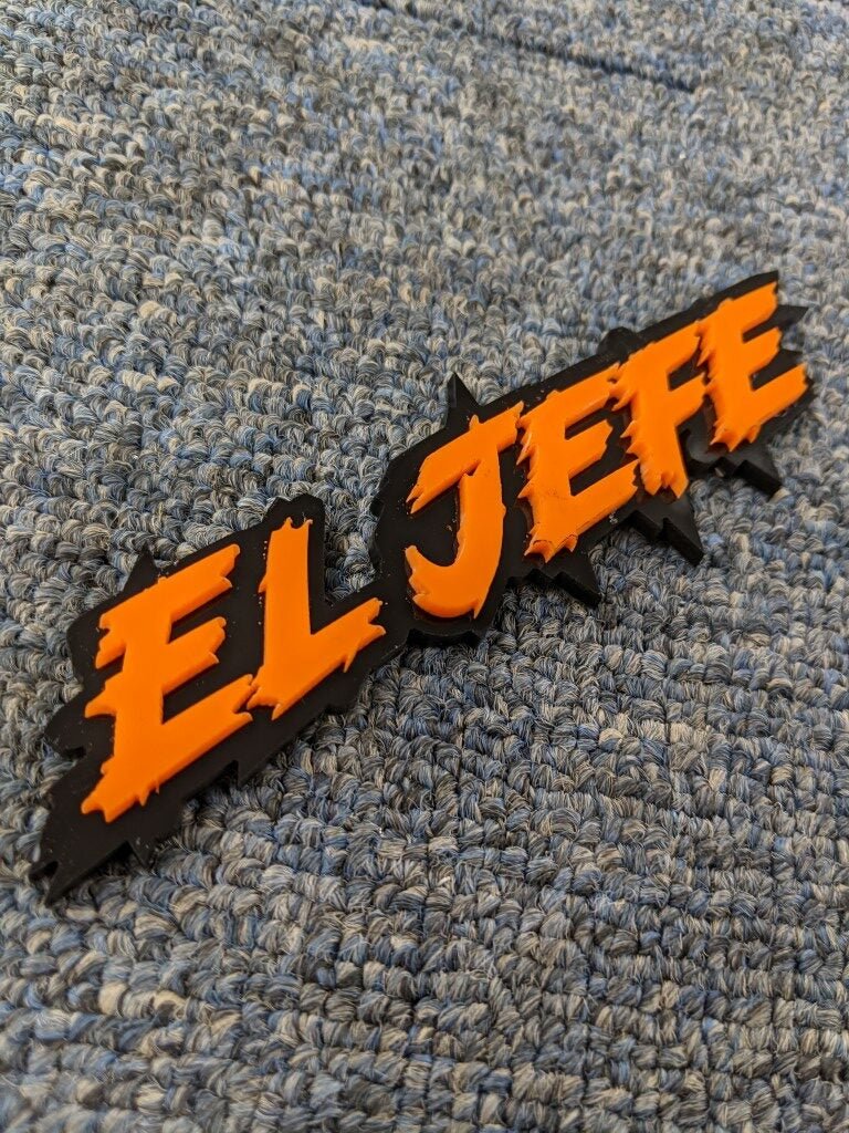 El Jefe Car Badge - Orange On Gloss Black - Lightning Font – Atomic Car ...