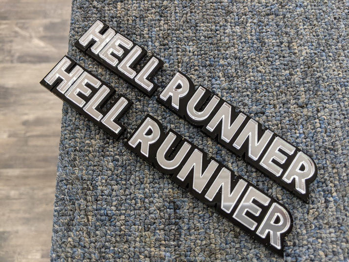 Hell Runner Car Badge - Mirror Silver On Gloss Black - Block Font ...